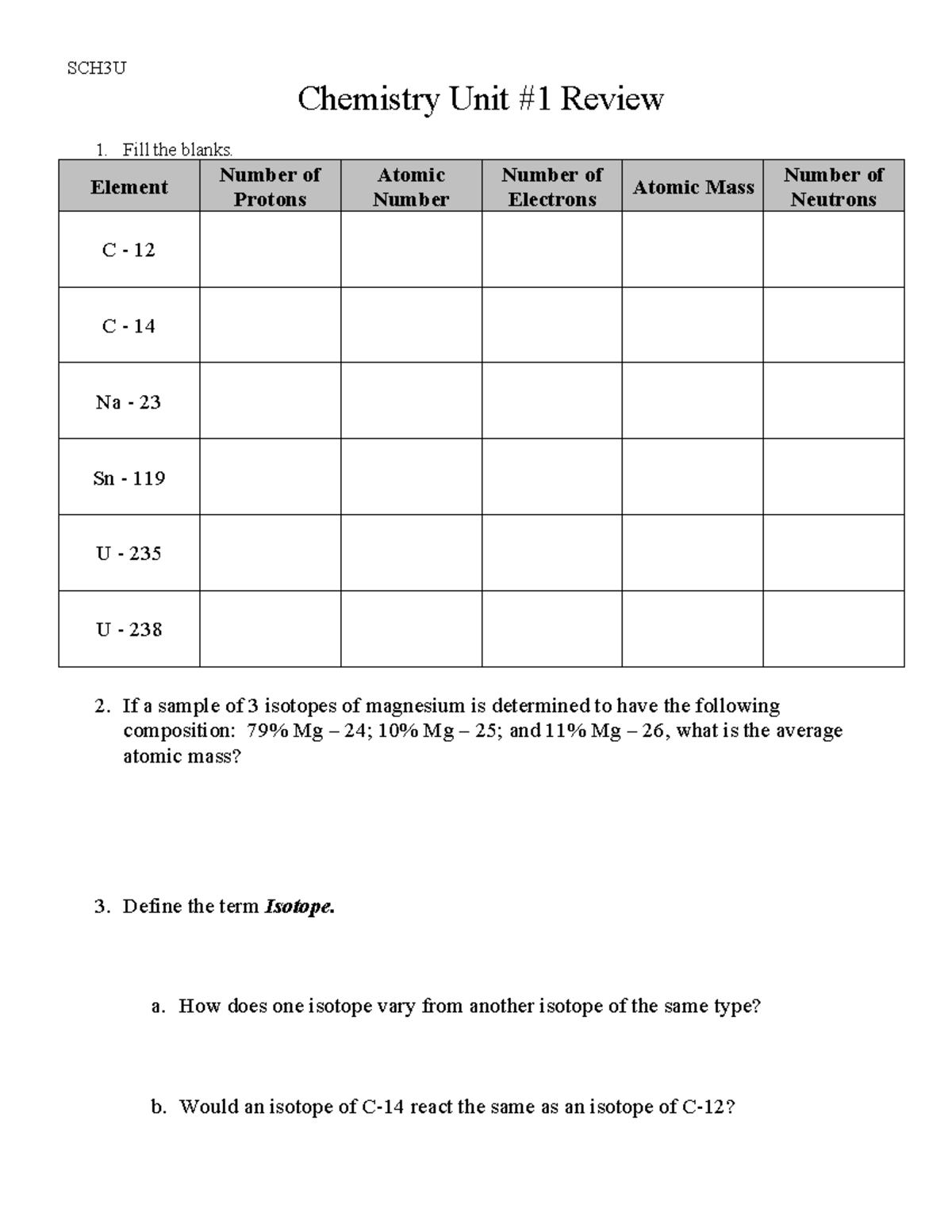 SCH3U Chemistry Unit Review: Isotopes, Compounds, and Bonding - Studocu