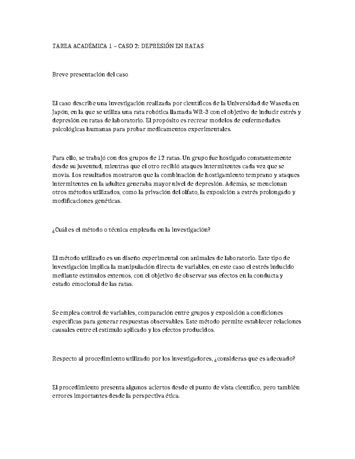 TAREA ACADÉMICA 1: CASO 2 - DEPRESIÓN EN RATAS Y ÉTICA EN INVESTIGACIÓN ...