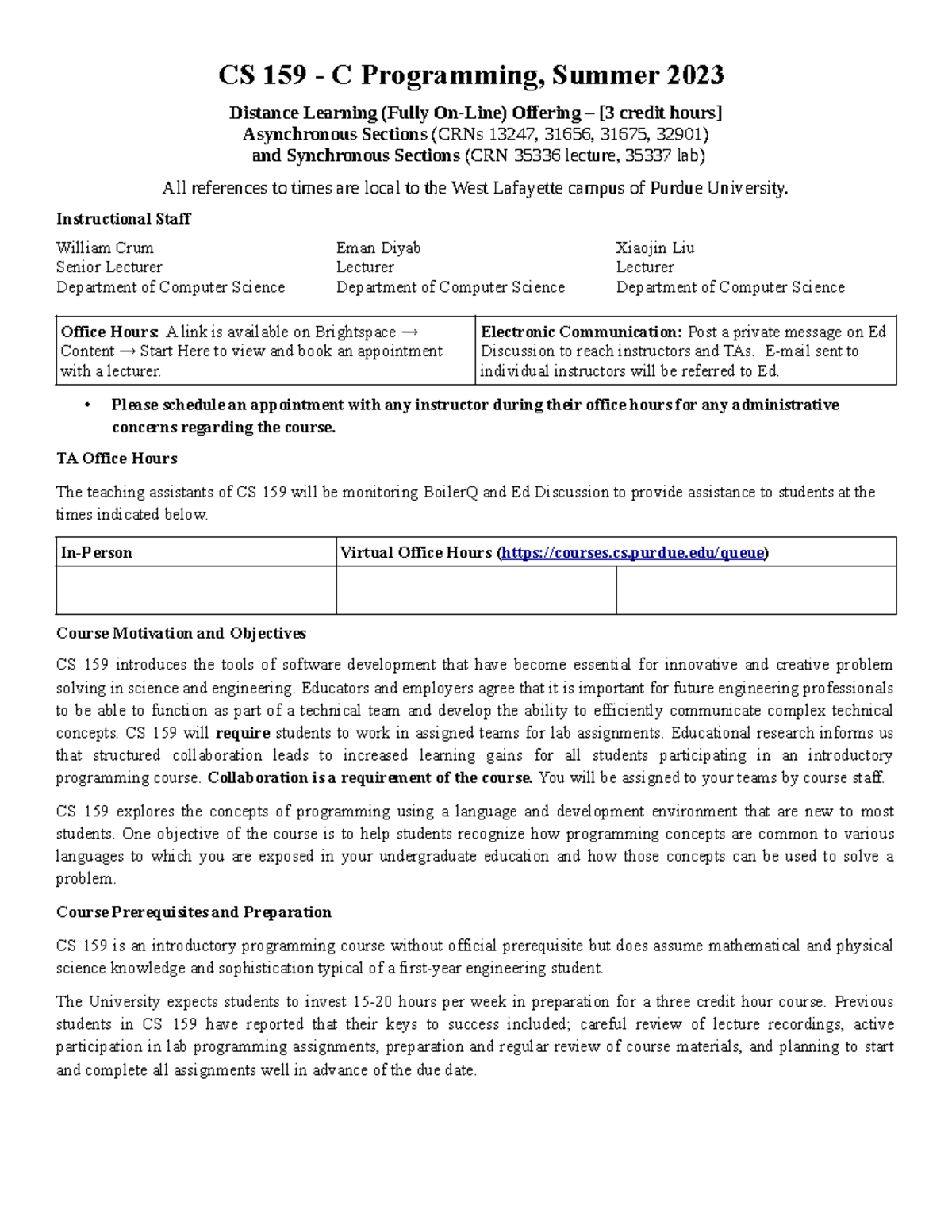 CS 159 C Programming Syllabus (Summer 2023) - Distance Learning Details - Studocu