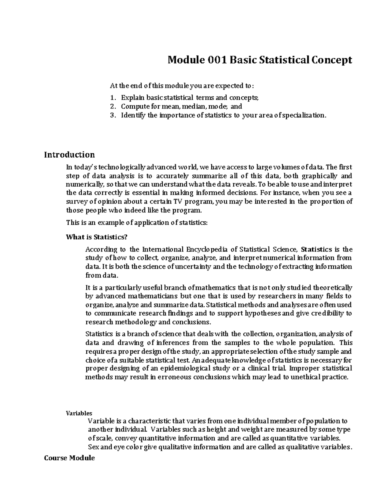 Quantitative Methods Great Notes Course Module Module 001 Basic Statistical Concept At The