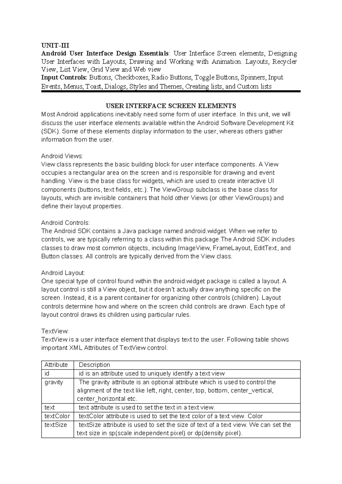 Android UI Design Essentials: User Interface Elements & Layouts (UNIT 3) - Studocu