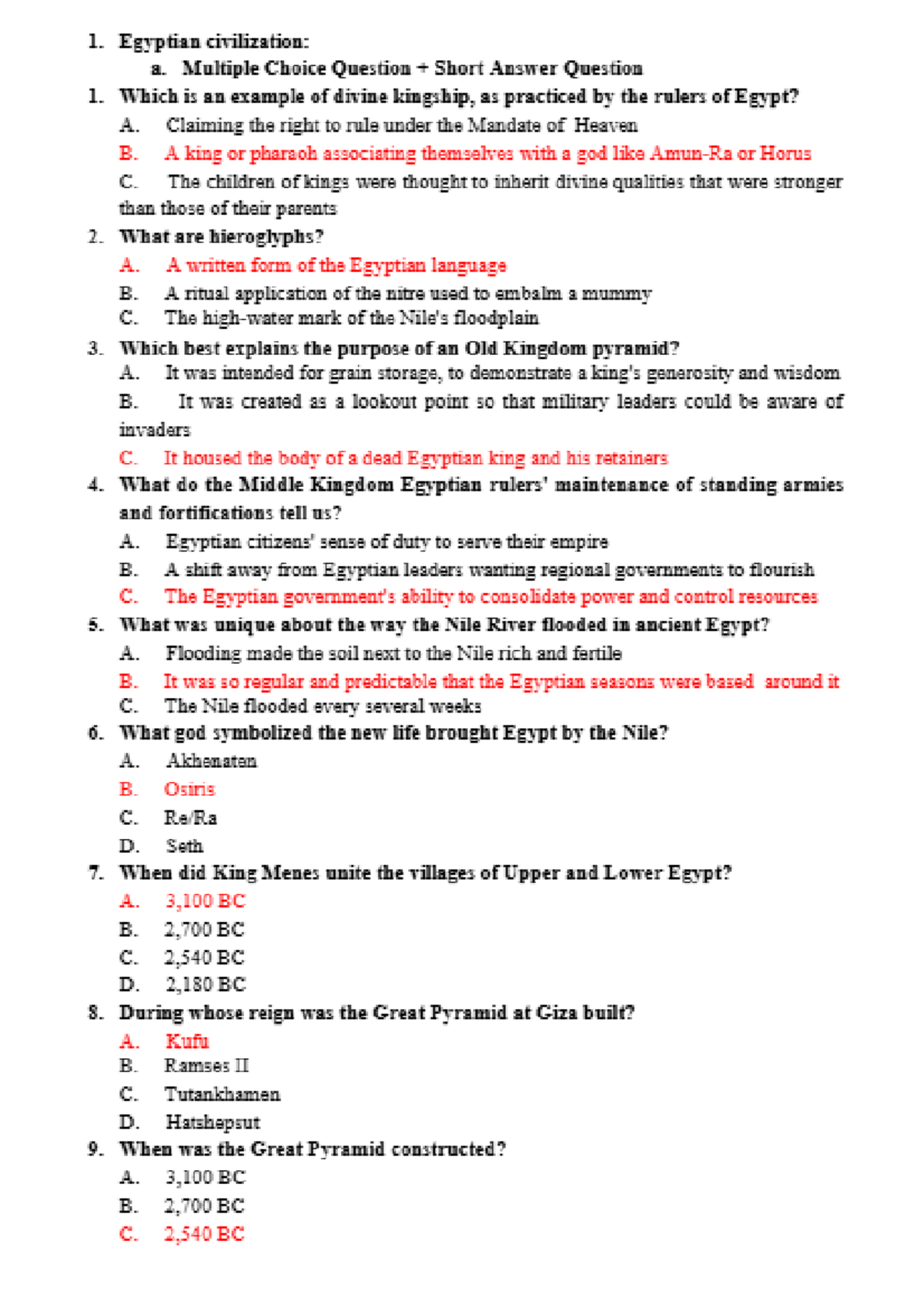 Egyptian Civilization: Multiple Choice Questions and Short Answers ...