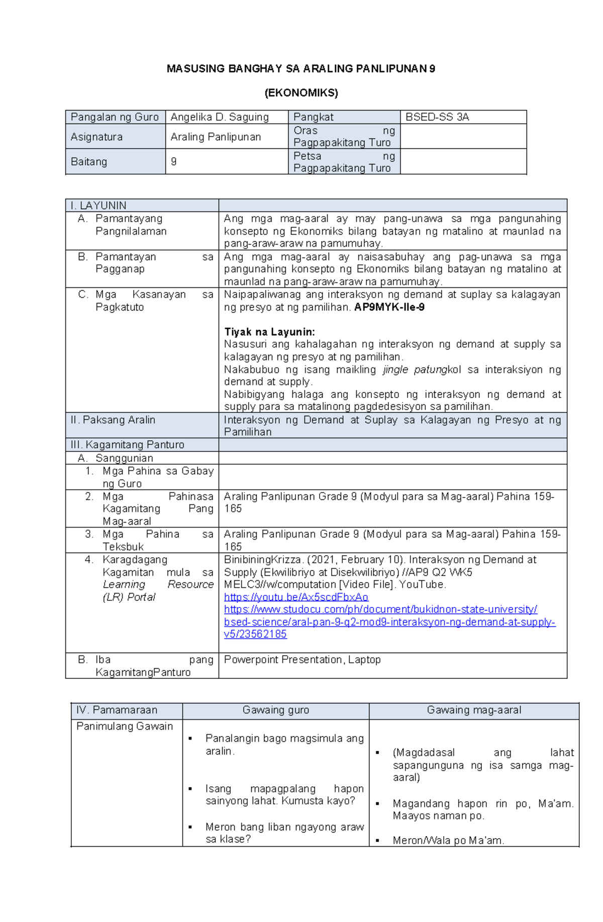 AP9-Interaksyon ng Demand at Suplay sa Ekonomiks - Aralin 9 - Studocu