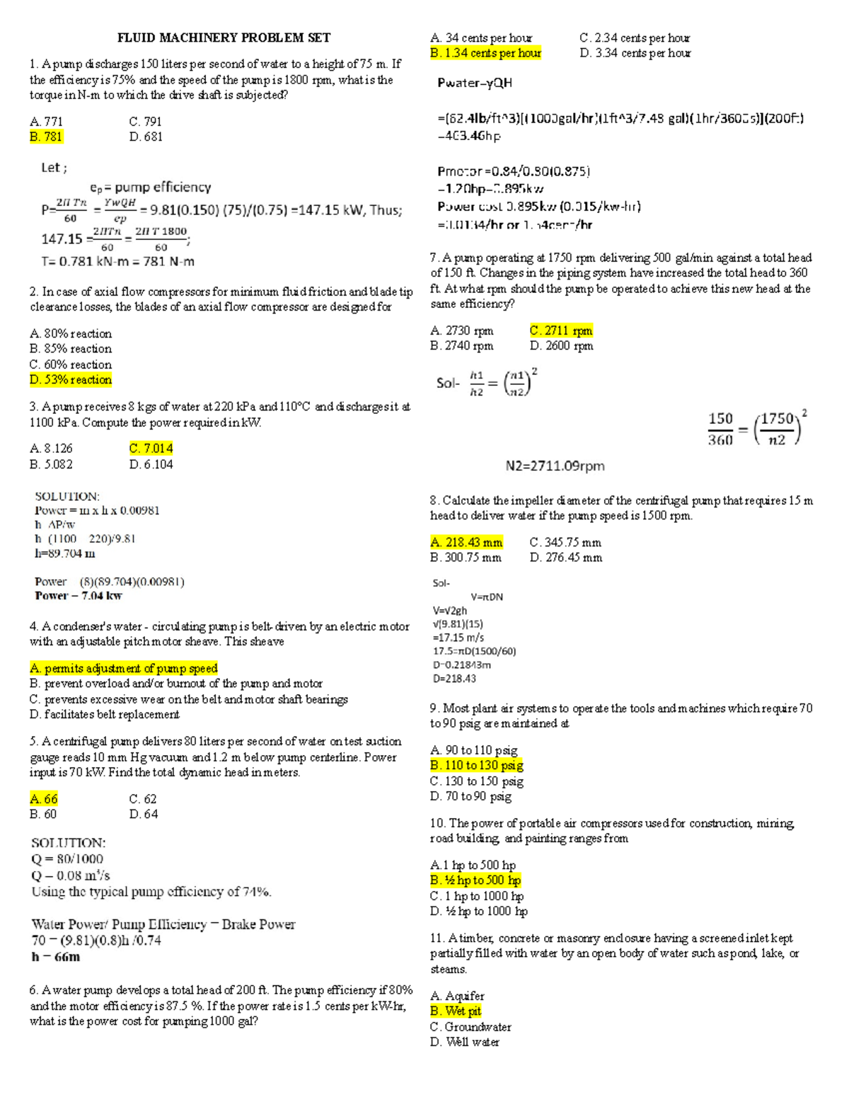 FLUID MACHINERY PROBLEM SET 1 - Torque, Power & Efficiency Calculations ...