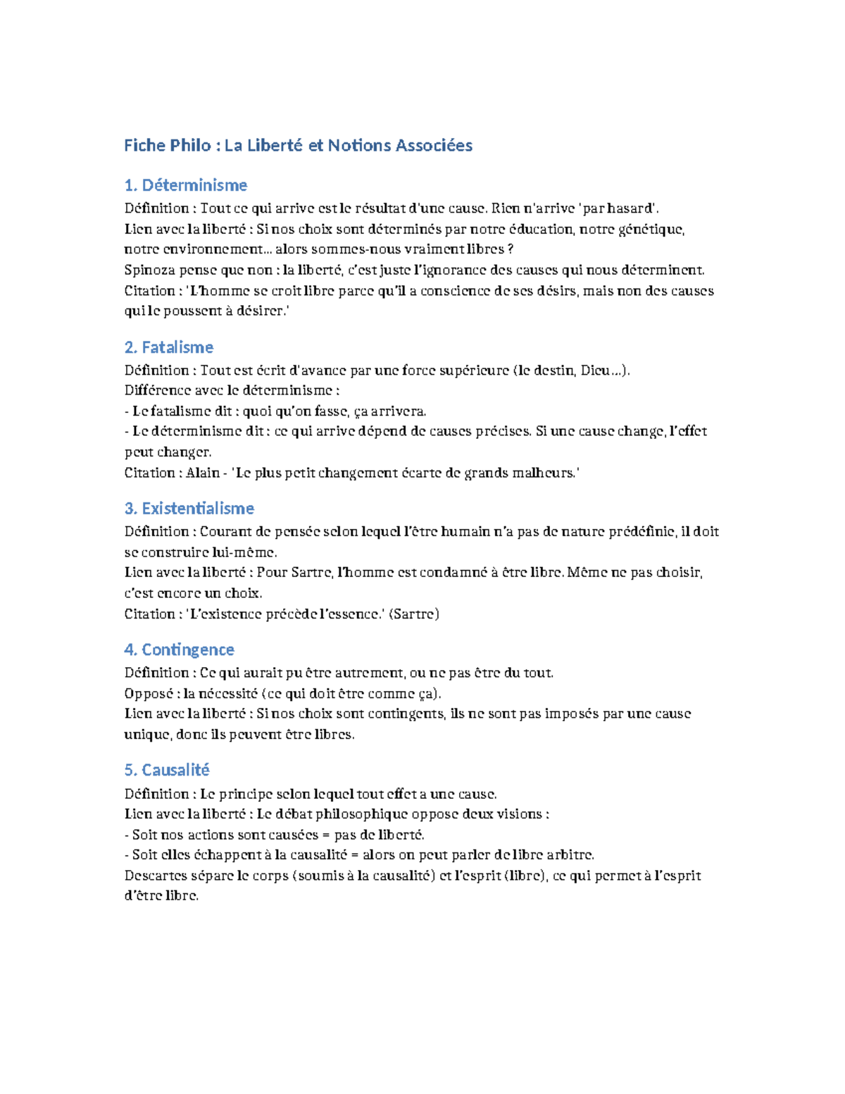Fiche Philo : Liberté et Concepts Associés - Déterminisme, Fatalisme ...