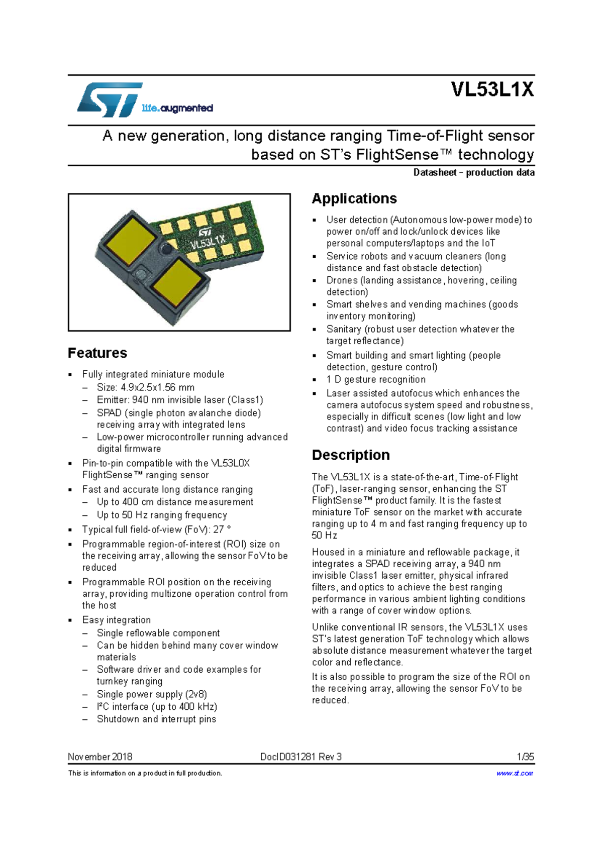 VL53L1X - Advanced Long-Distance Ranging Sensor Datasheet - Studocu