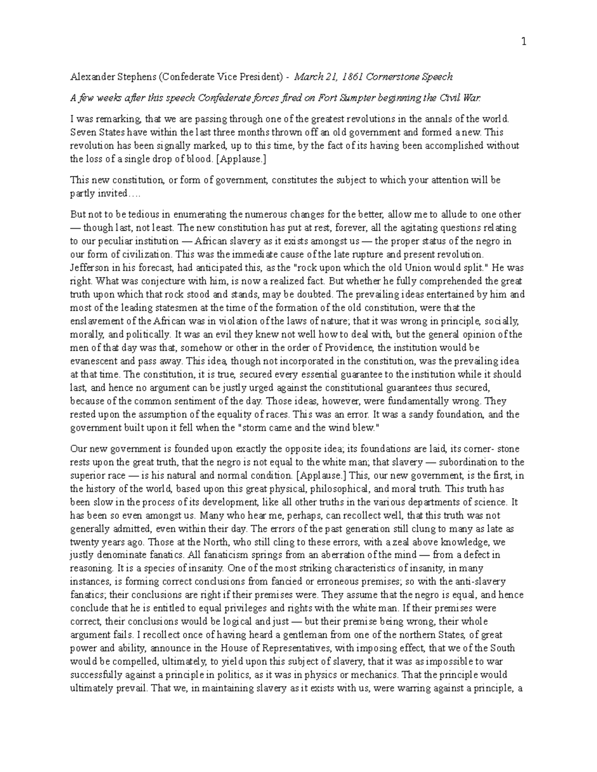Confederate Vice President Alexander Stephens' Cornerstone Speech (1861 ...