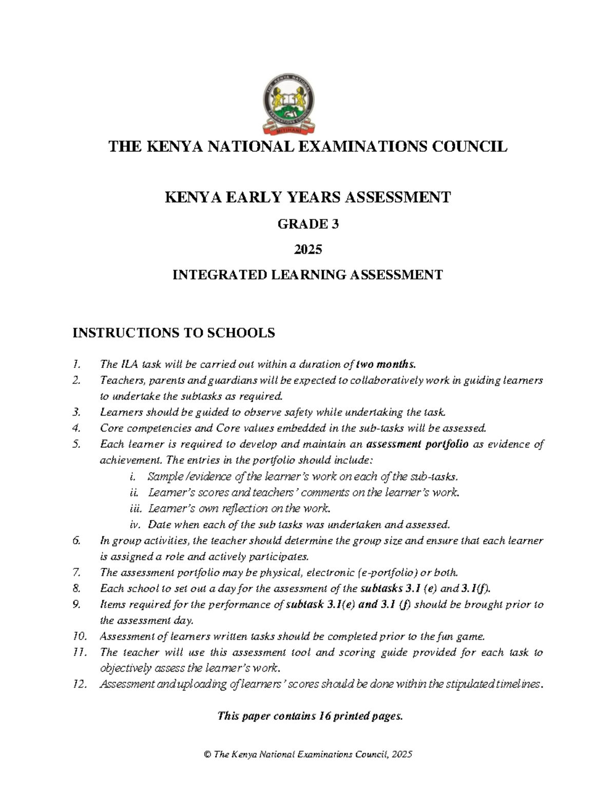 Kenya Early Years Assessment Grade 3 ILA Instructions 2025 - Studocu