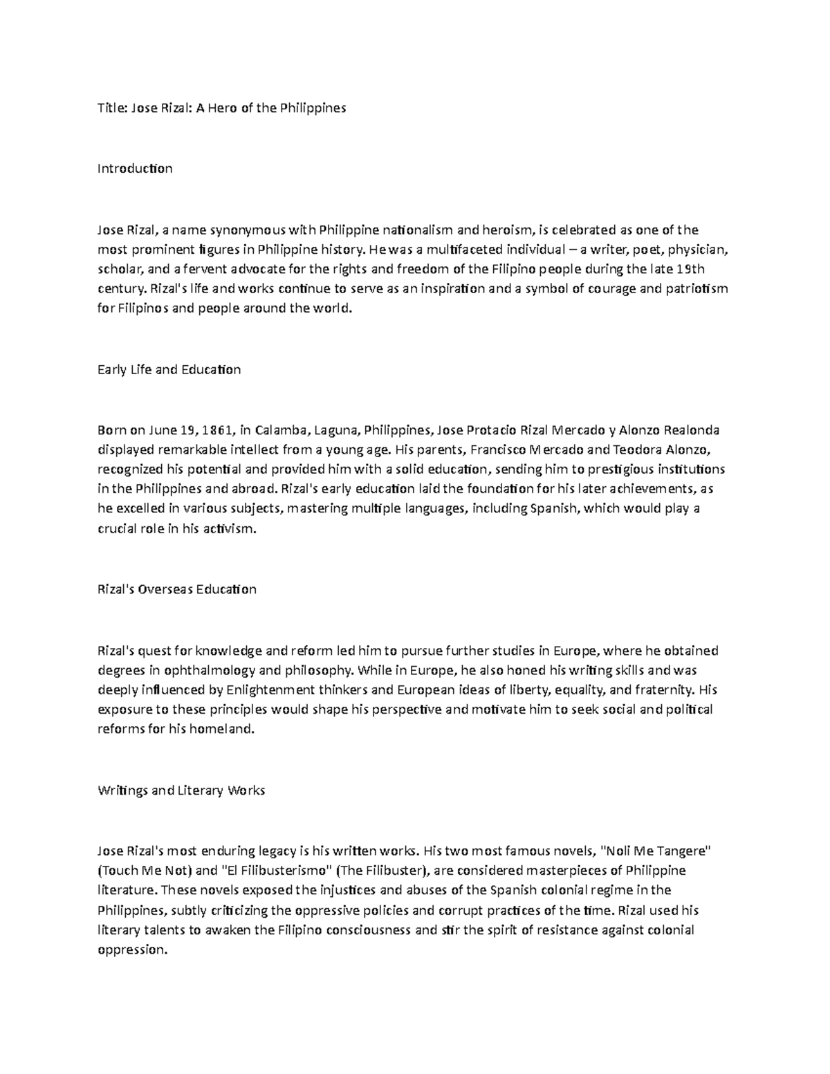 Jose Rizal: The Multifaceted Hero of Philippine Nationalism - Studocu