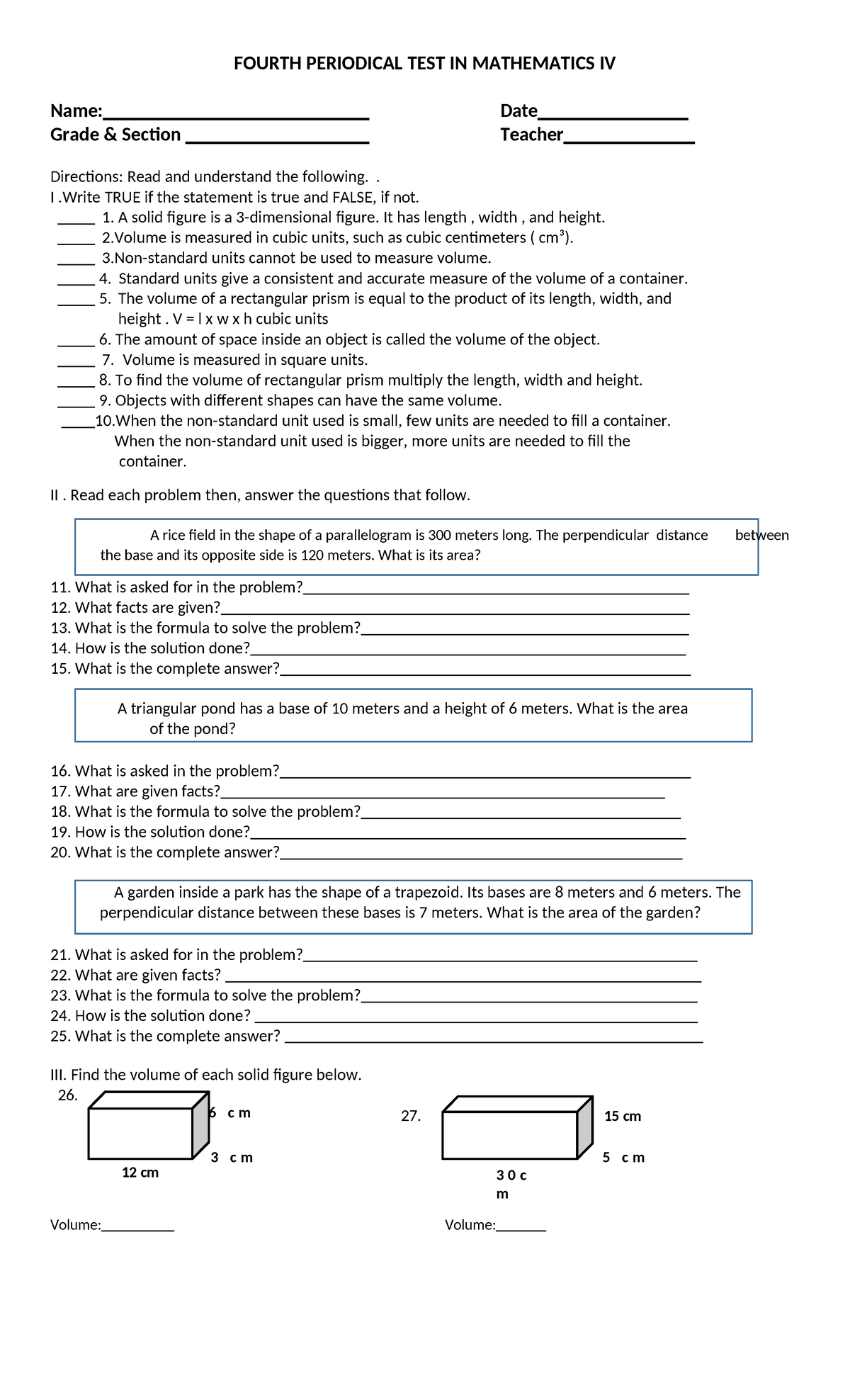 Mathematics IV fourth periodical test review and practice questions ...