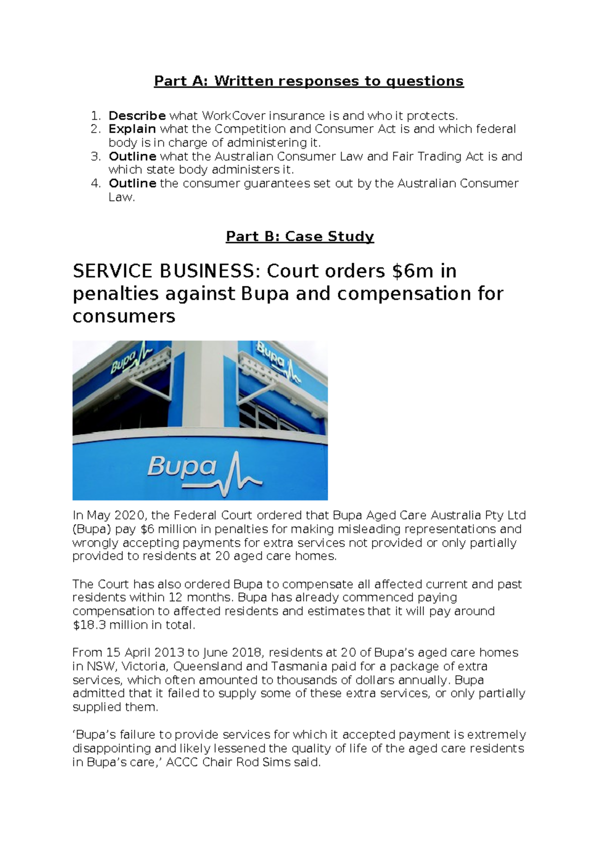 Part A & B: WorkCover, Competition & Consumer Law Case Study - Studocu