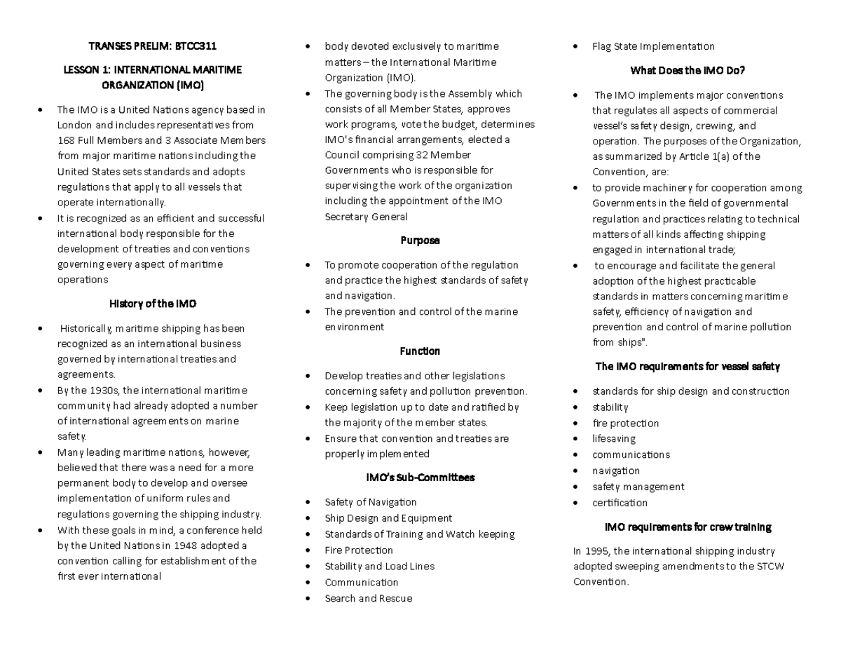 Transes Prelim Lecture Notes - BTCC311: International Maritime Org ...
