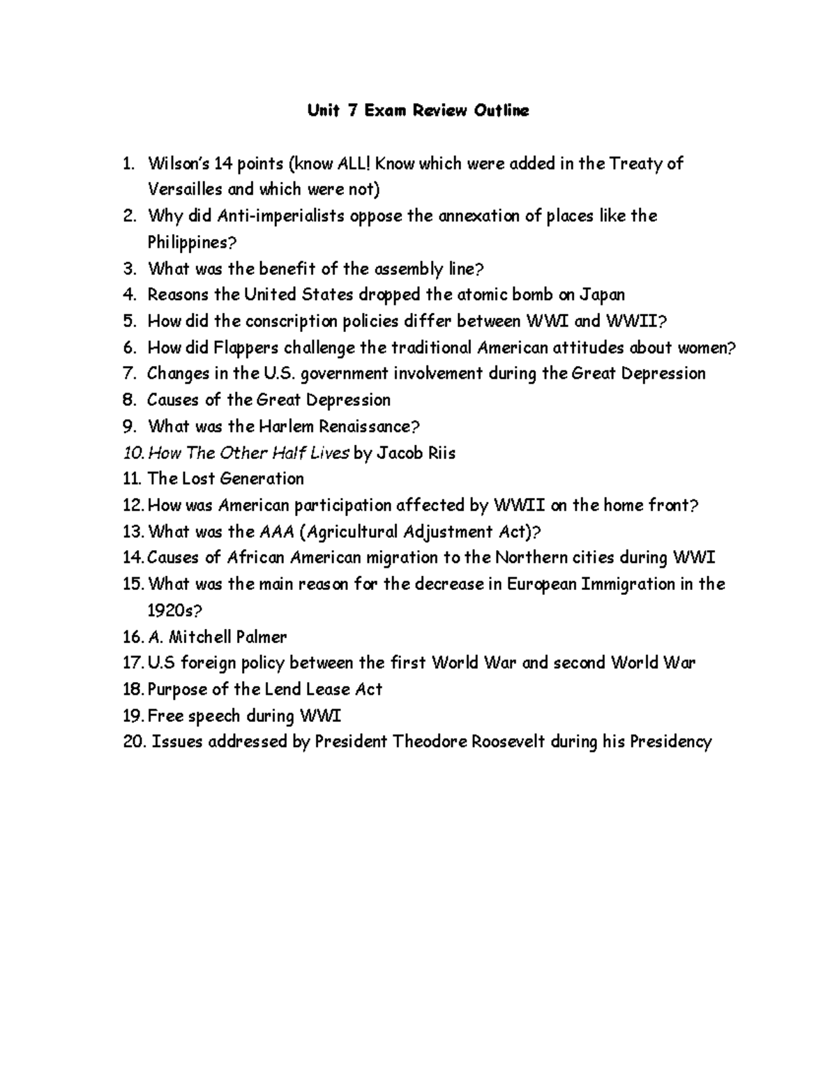 Unit 7 History Exam Review Outline - Key Concepts and Topics - Unit 7 ...