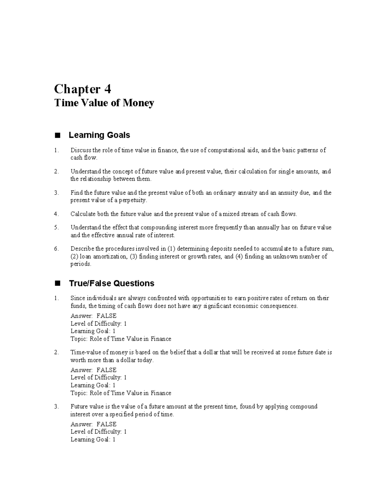 Chapter 4: Time Value of Money - Key Learning Goals and Concepts (Tb04 ...