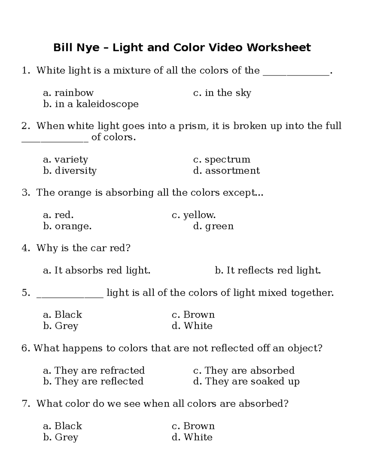 Bill Nye's Light and Color Video Guide Worksheet for Students - Studocu