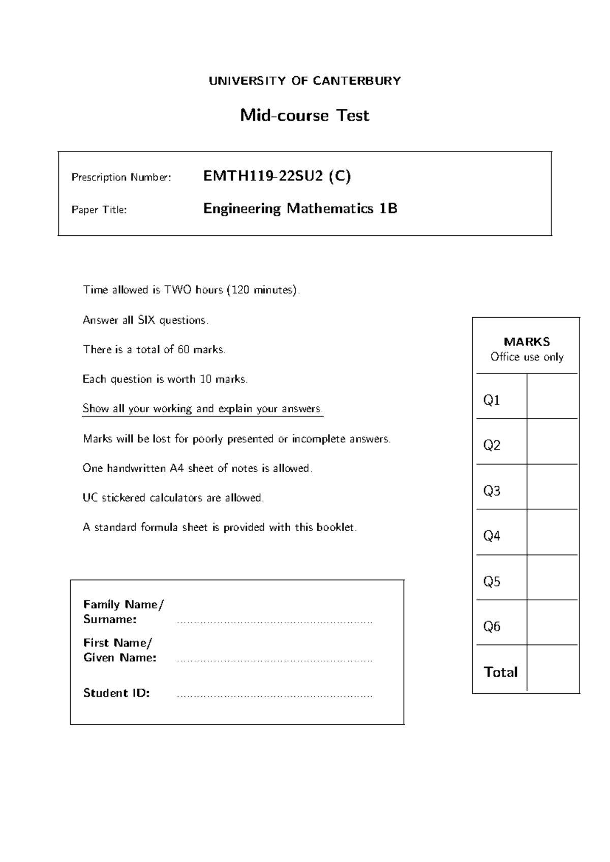 EMTH119-22SU2 Test (C) - Engineering Mathematics 1B Past Year Questions ...