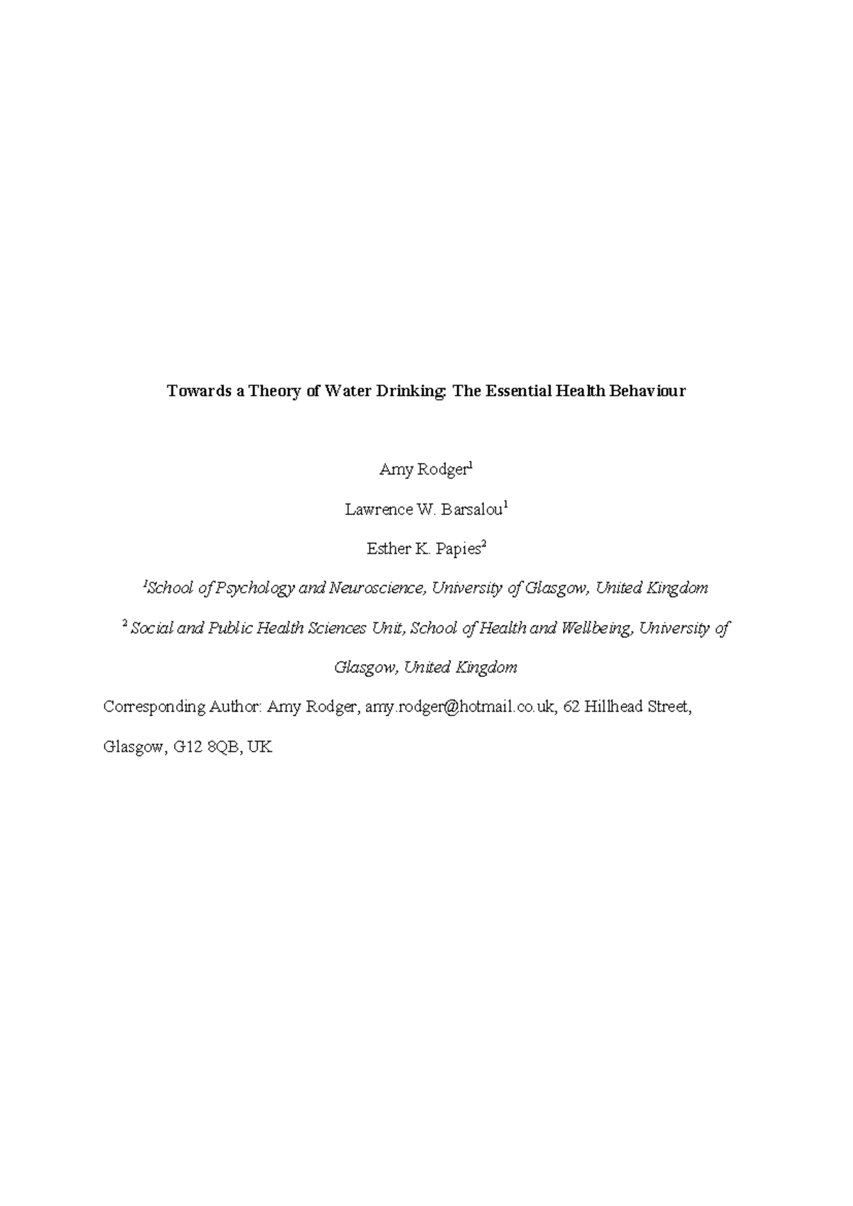 Chapter 5: Theoretical Framework of Water Drinking Behavior (PSY 101 ...