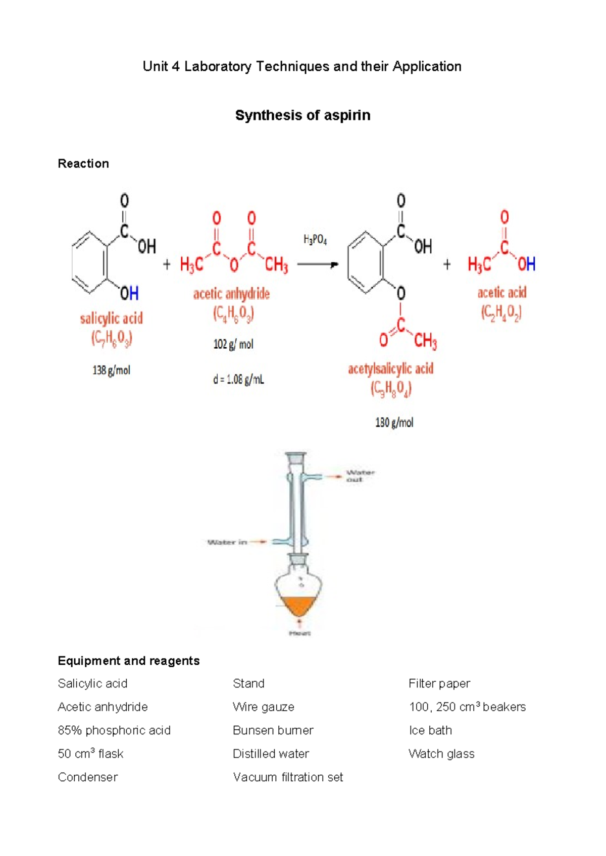 Unit 4 Lab: Practical Sheet for Aspirin Synthesis Techniques - Studocu