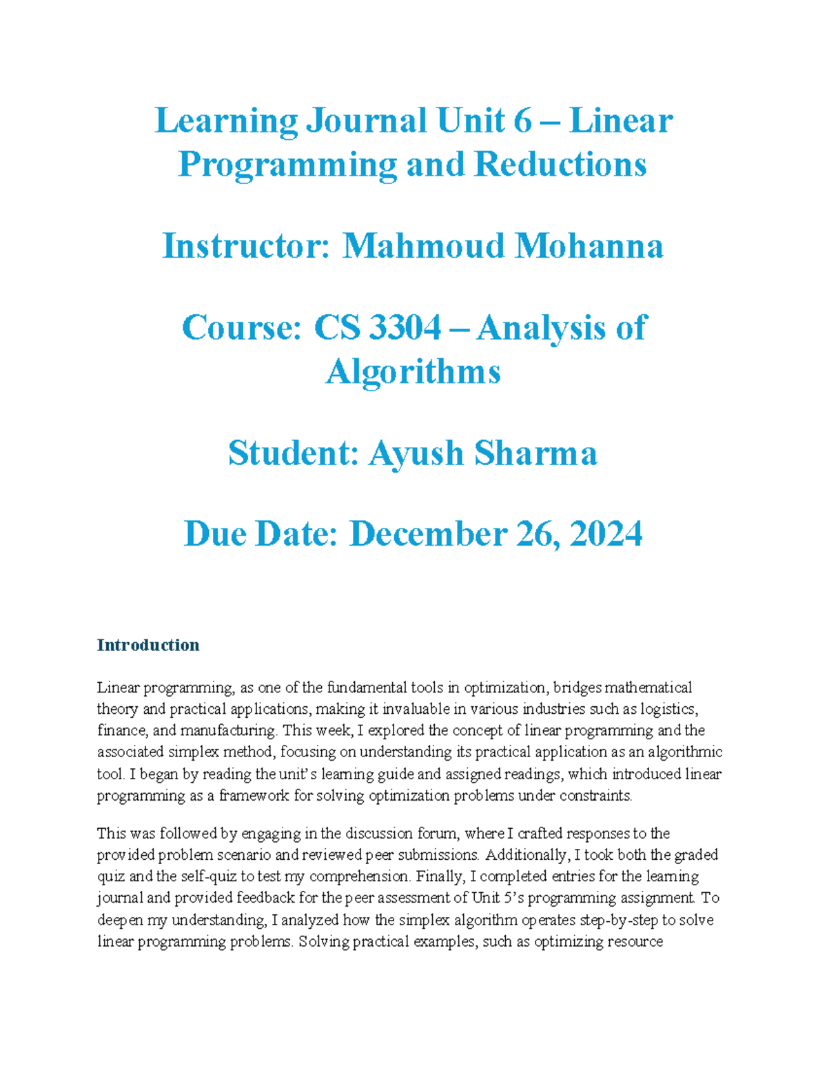Learning Journal Unit 6 Algorithm - Learning Journal Unit 6 – Linear Programming and Reductions ...