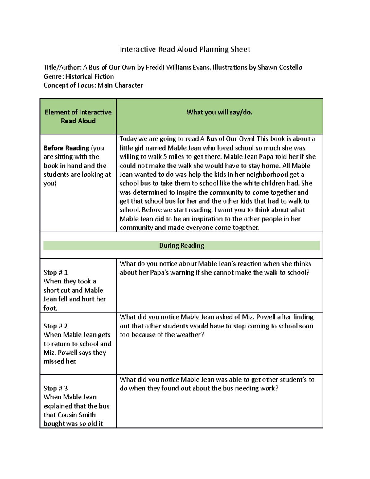 Second interactive read aloud plan - Interactive Read Aloud Planning ...