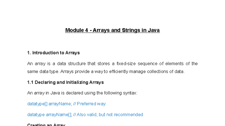 Module 4 - Arrays and Strings in Java: Concepts and Examples - Studocu
