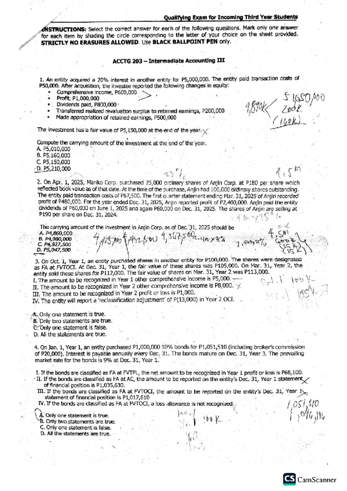 Qualifying Exam for Incoming Third Year Students, ACCTG 203 ...