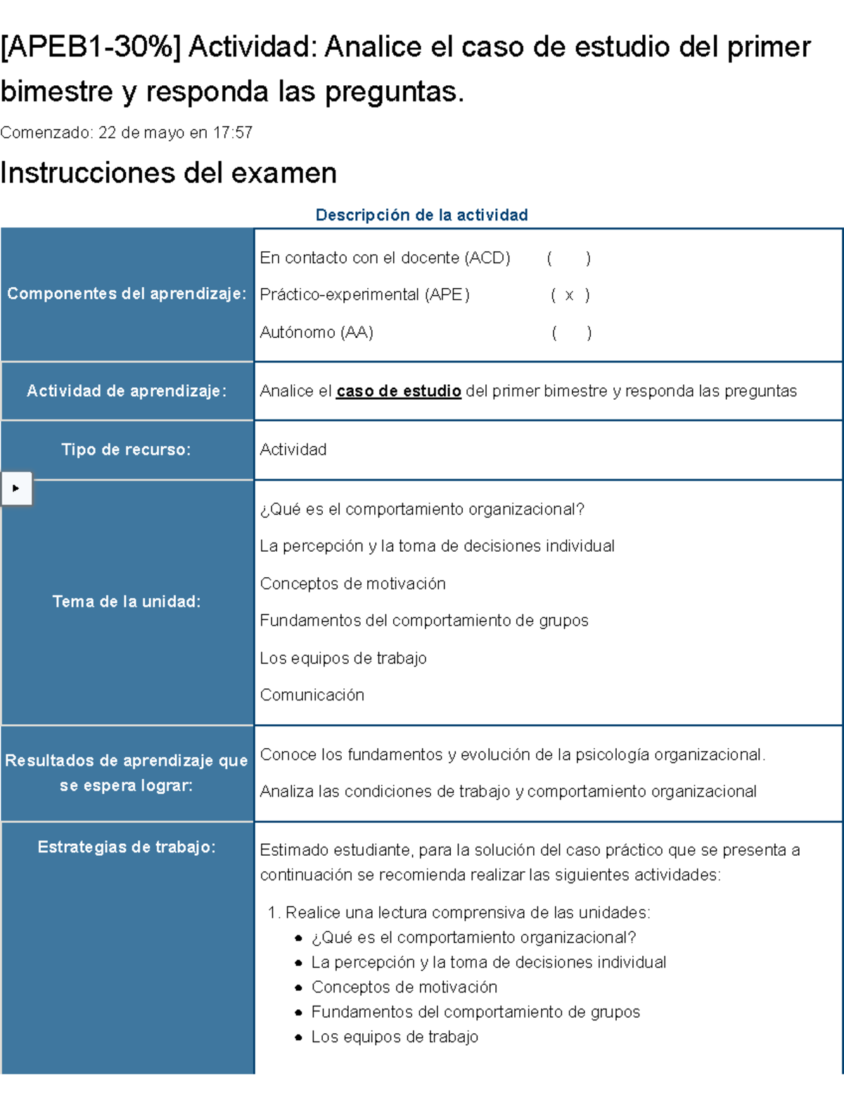 Estudio de Caso: Comportamiento Organizacional - Examen APEB1 30% - Studocu