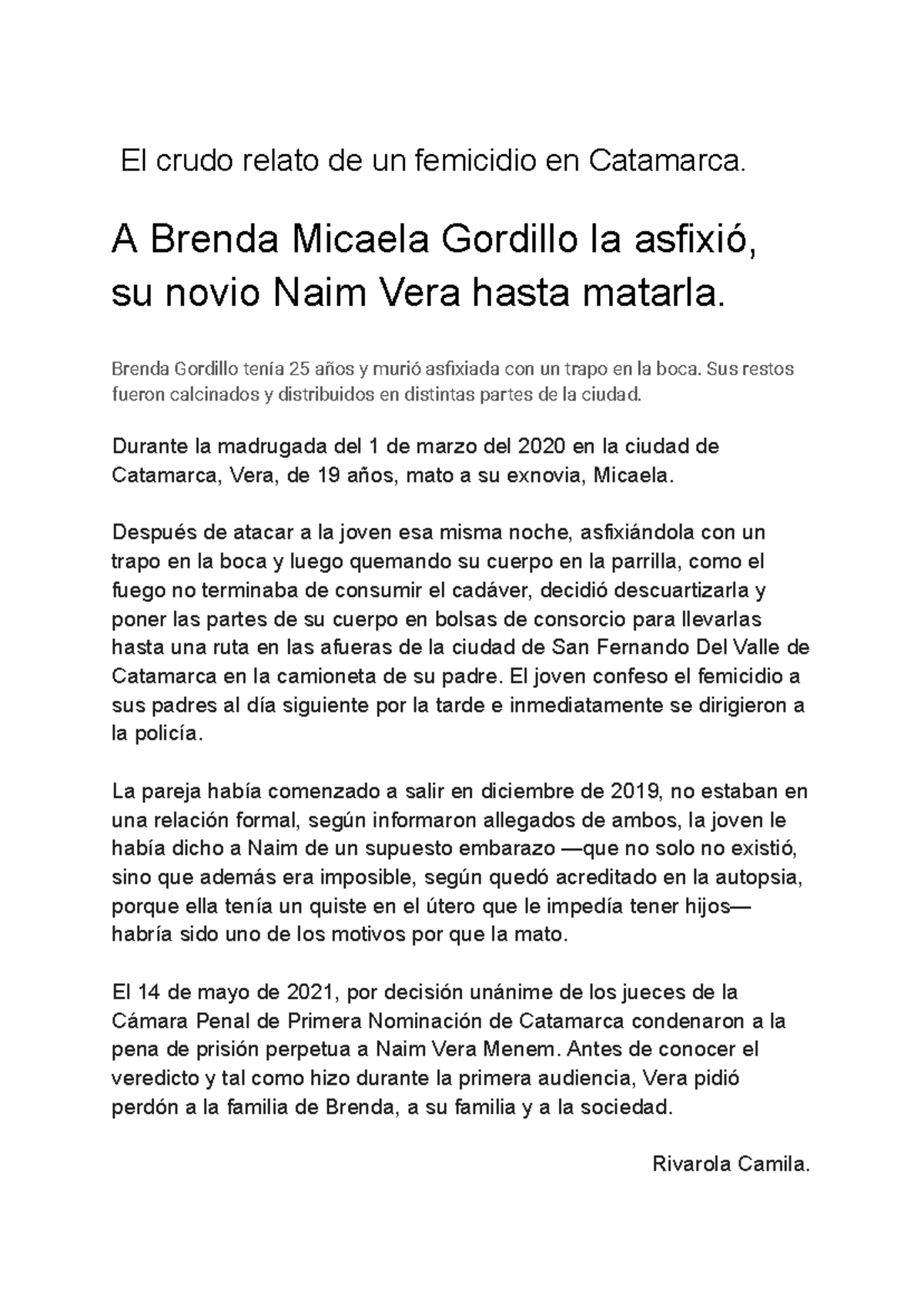 Naim Vera - Femicidio en Catamarca: Análisis Crítico del Caso - Studocu
