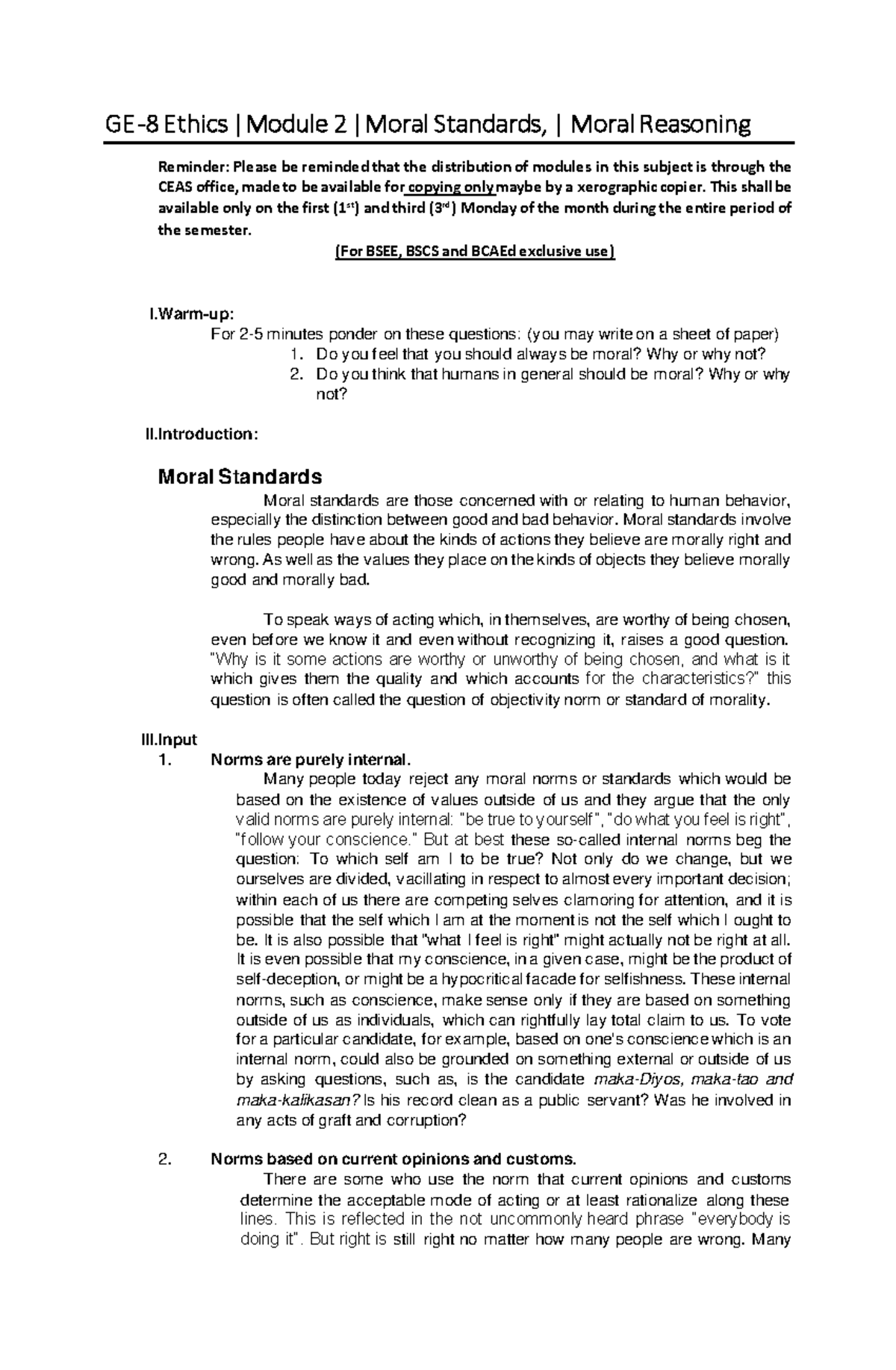 GE-8 Ethics Module 2: Exploring Moral Standards & Reasoning - Studocu