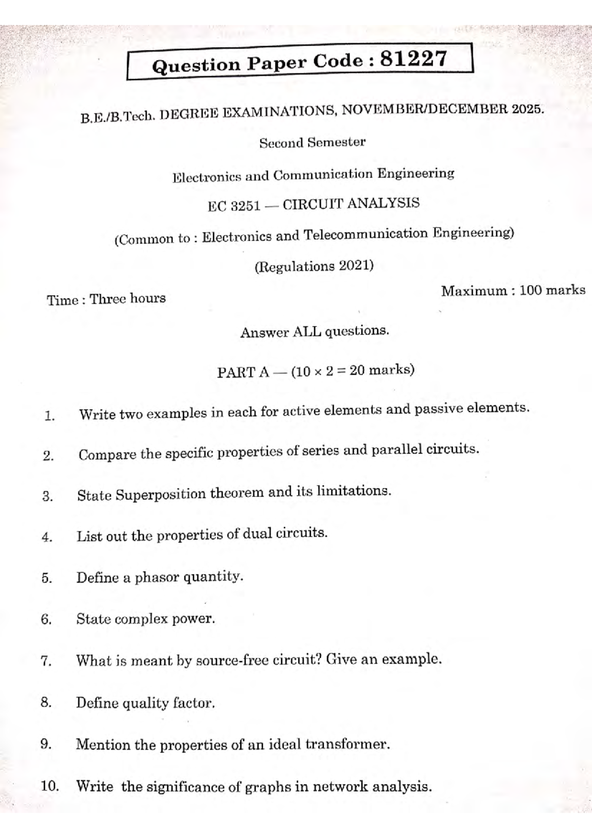 EC 3251 Circuit Analysis Question Paper 81227 - Degree Exams 2025 - Studocu