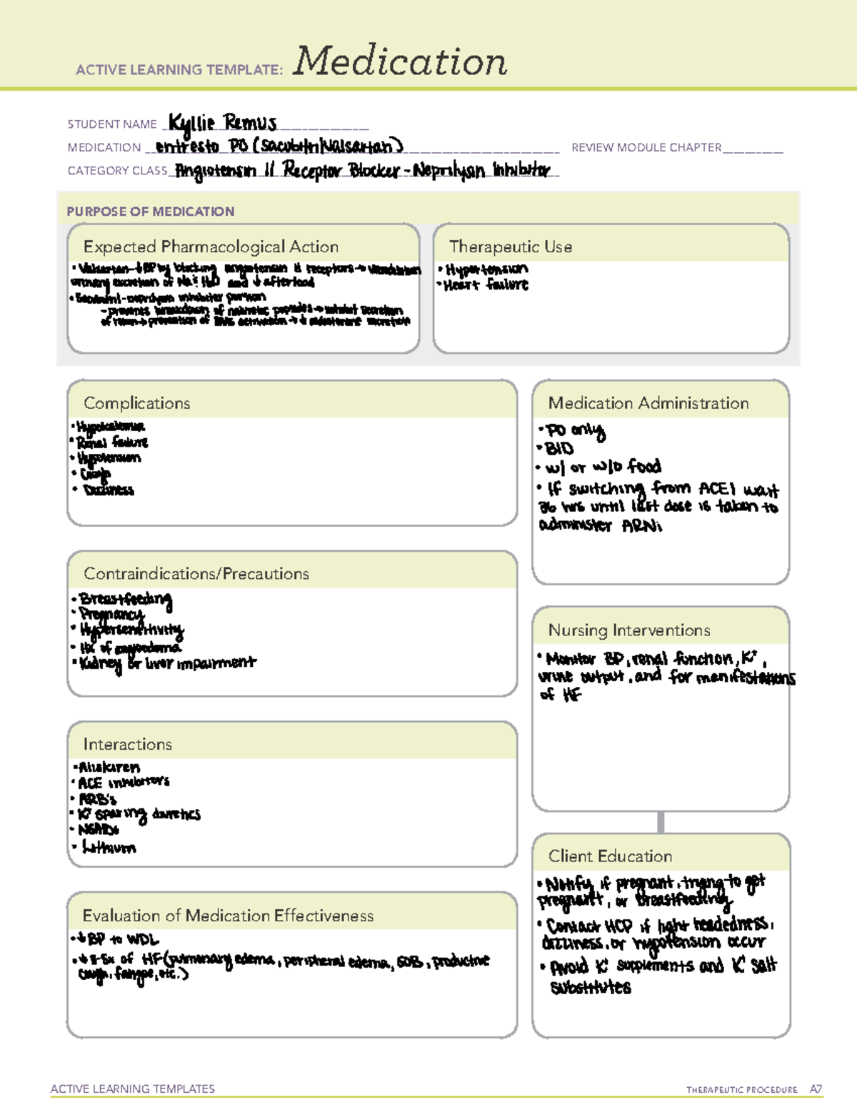 Entresto Medication Card - Active Learning Template for Nursing - Studocu