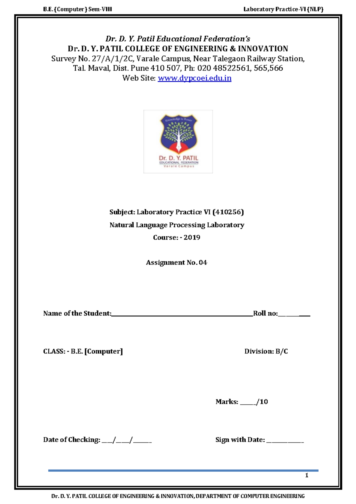 NLP Assignment No-04 - practical work - 1 Dr. D. Y. Patil Educational ...