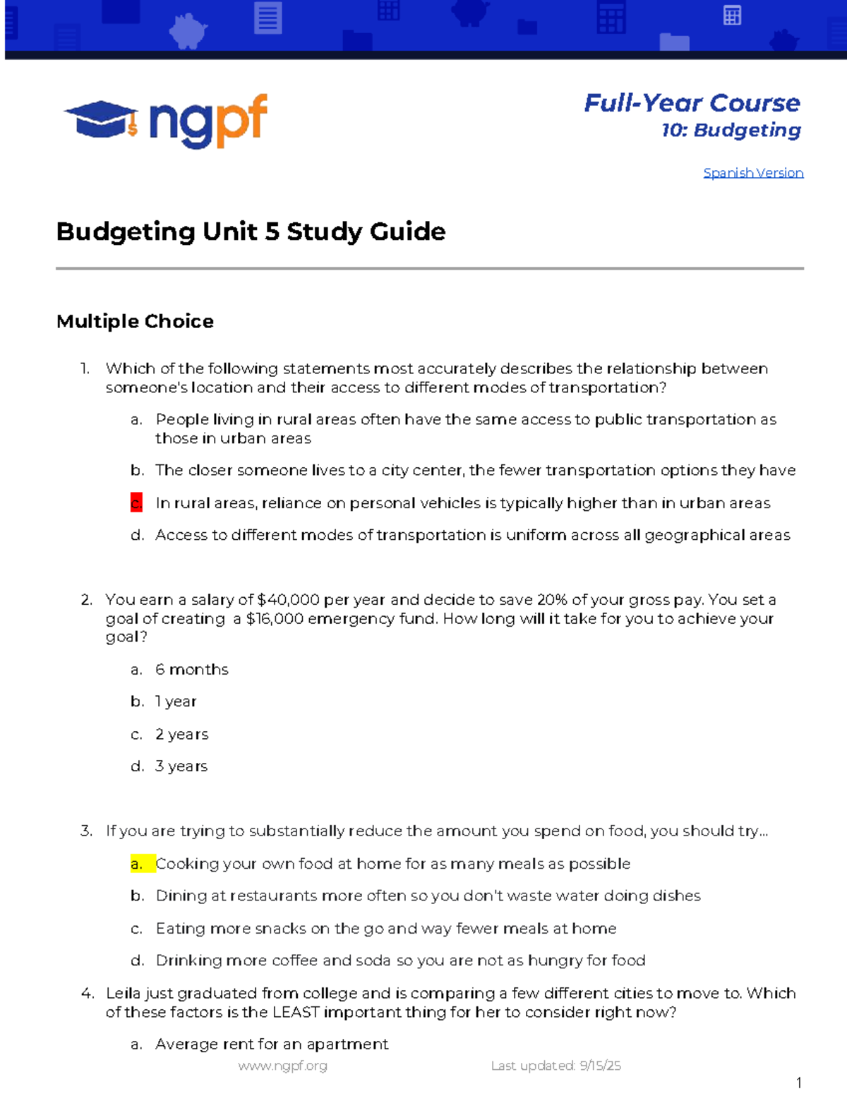 Course 10: Budgeting Unit 5 Study Guide - Spanish Version - Studocu