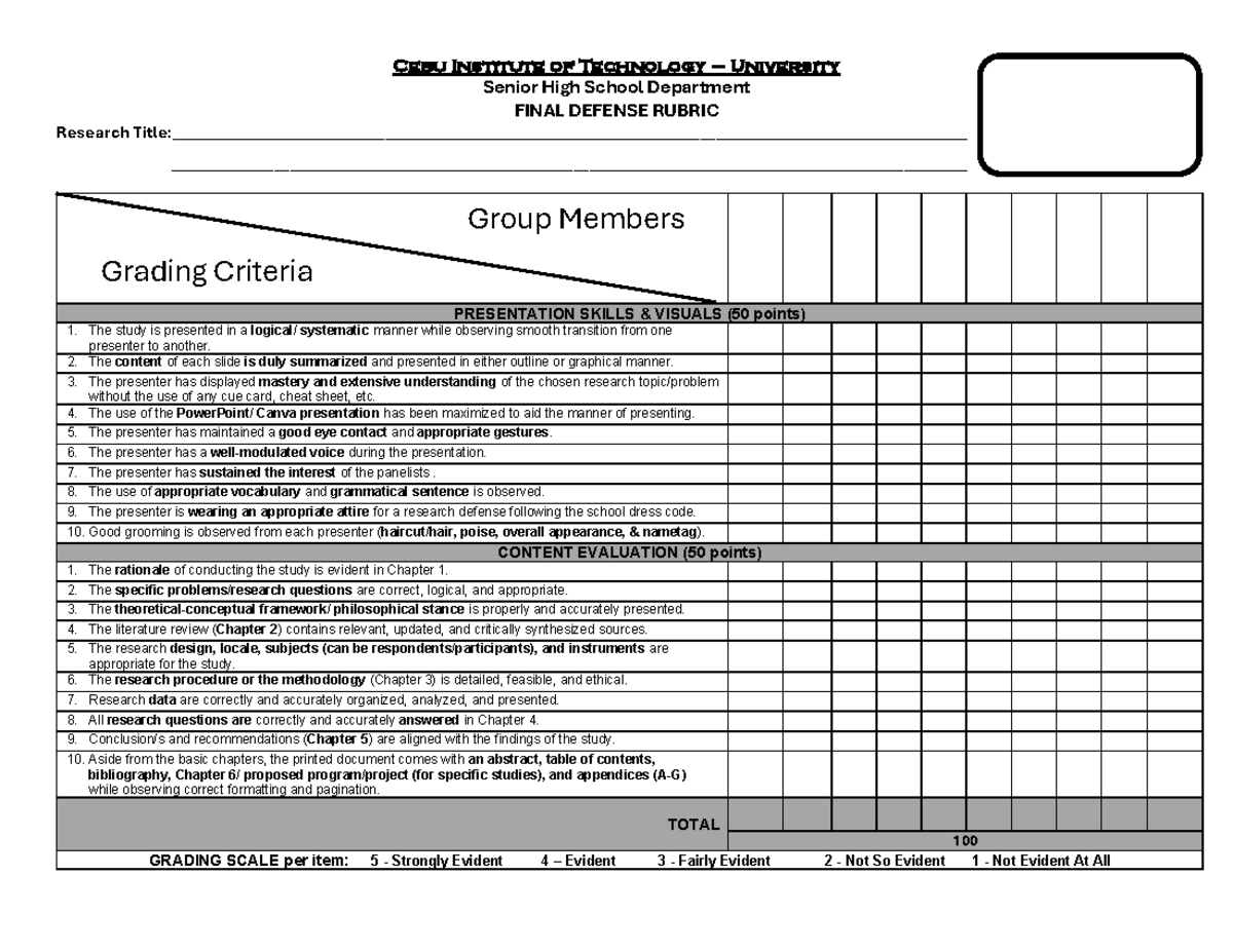 CIT-U SHS FINAL DEFENSE RUBRIC for Research Group Evaluation - Studocu