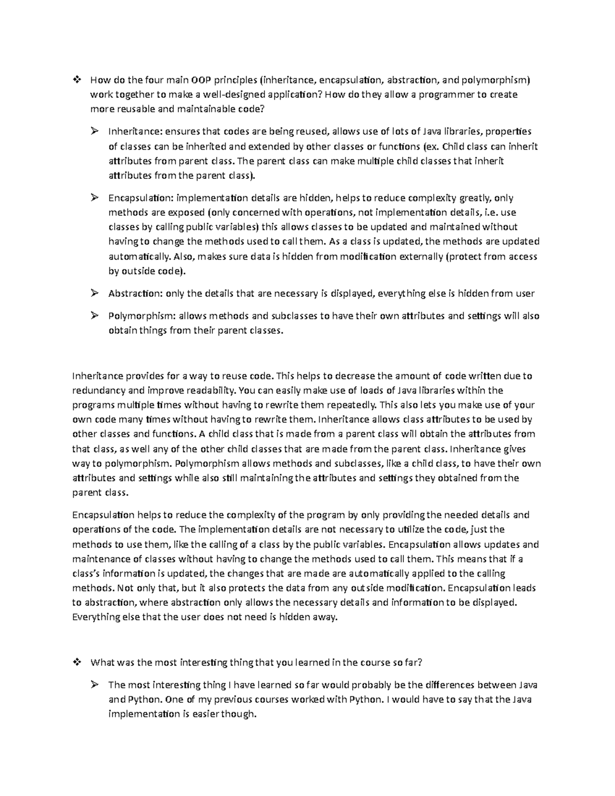 Discussion 2 Oop Principles How Do The Four Main Oop Principles Inheritance Encapsulation 