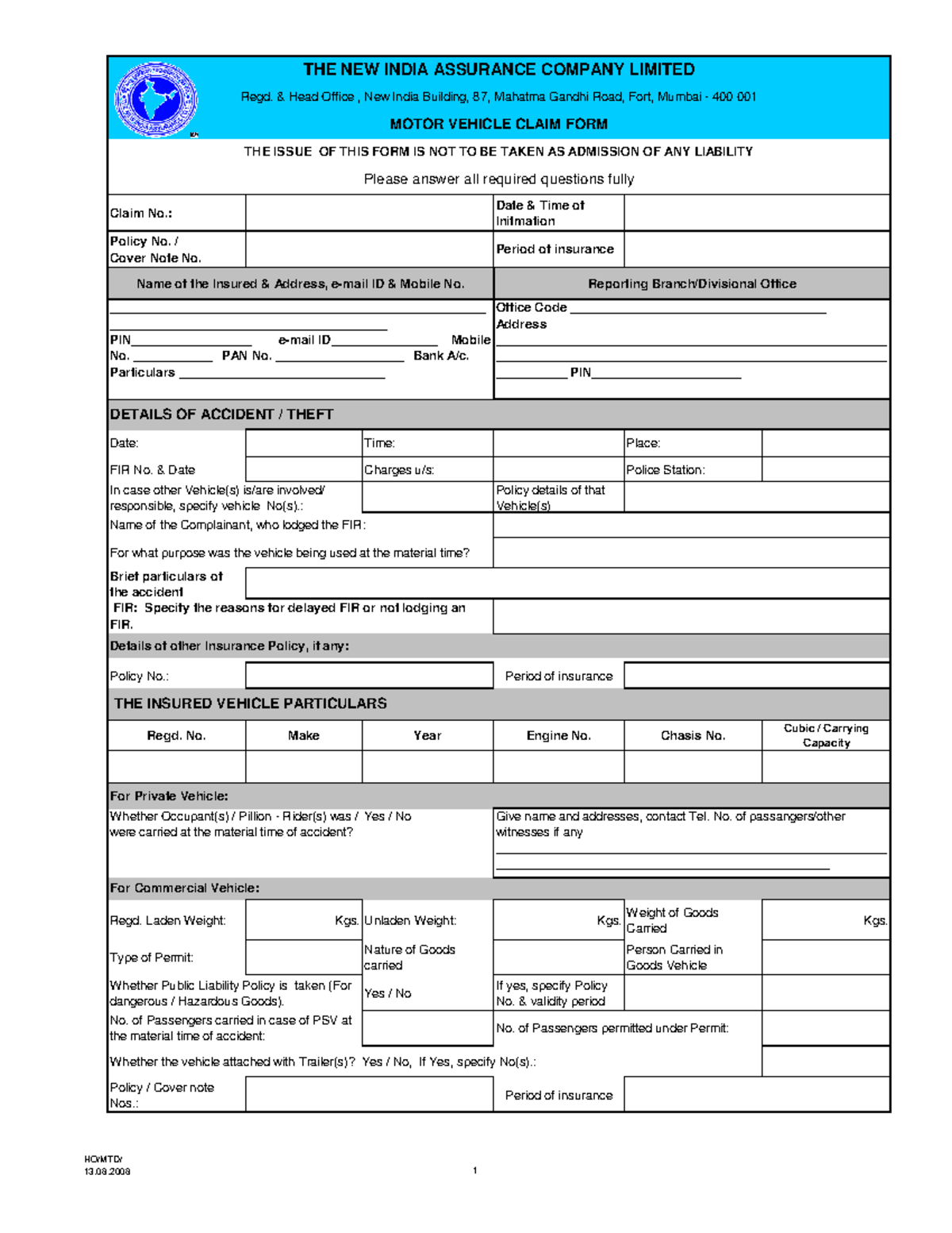 New India Assurance Motor Vehicle Claim Form - Studocu