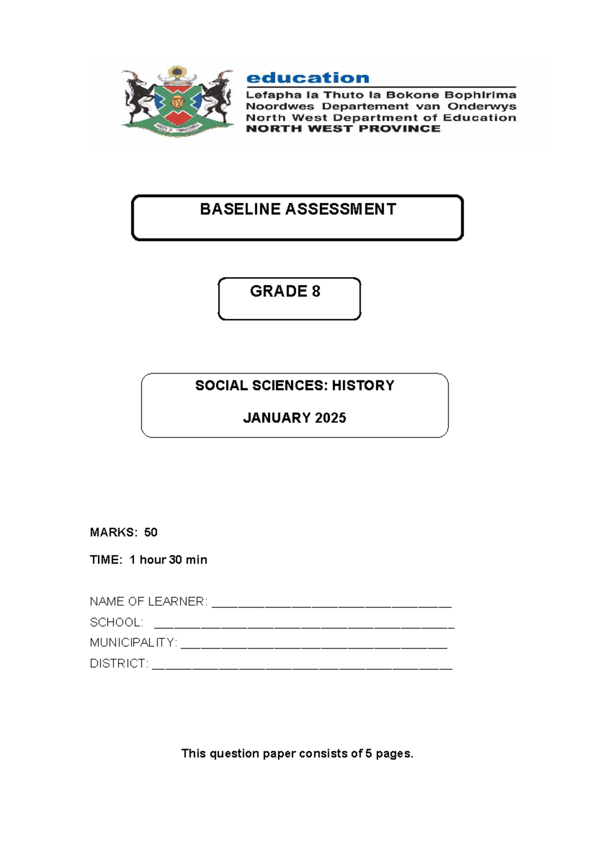 Grade 8 Social Sciences Baseline Assessment: History Jan 2025 - Studocu