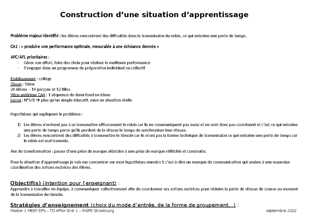 SA Relais-Vitesse - Oral 1: Stratégies d'Apprentissage en Relais - Studocu