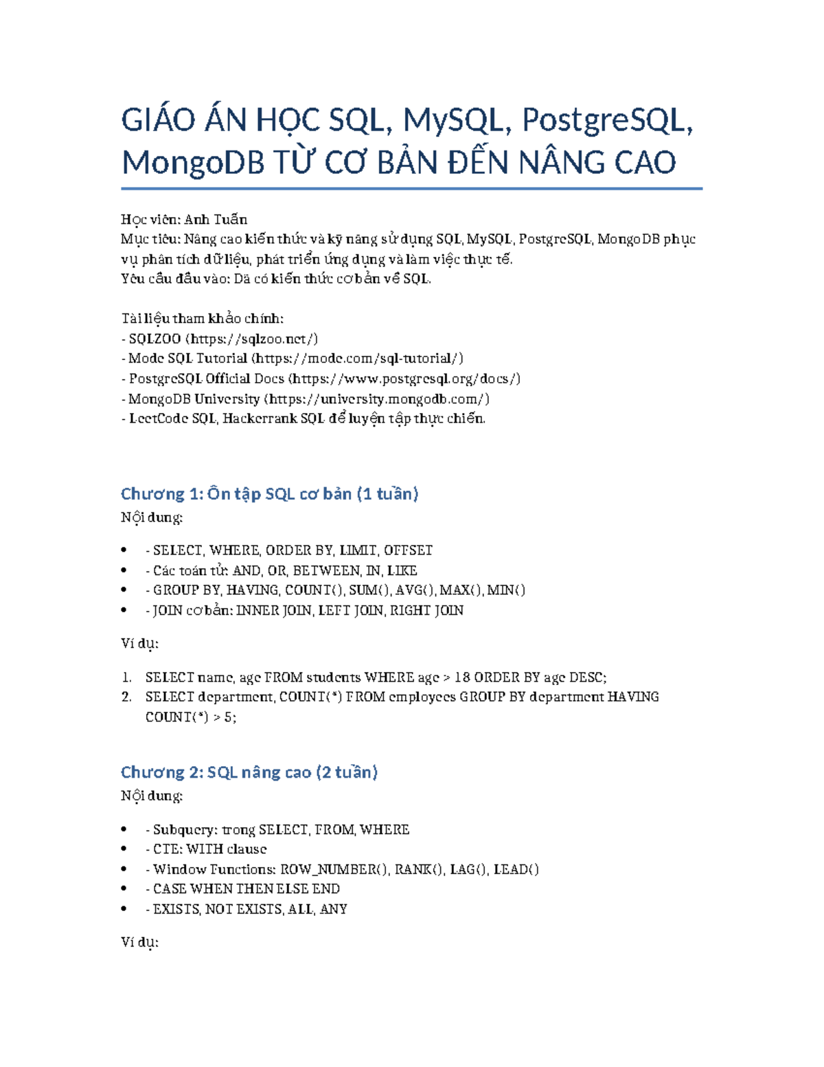 GIÁO ÁN HỌC SQL, MySQL, PostgreSQL, MongoDB CƠ BẢN ĐẾN NÂNG CAO - Studocu