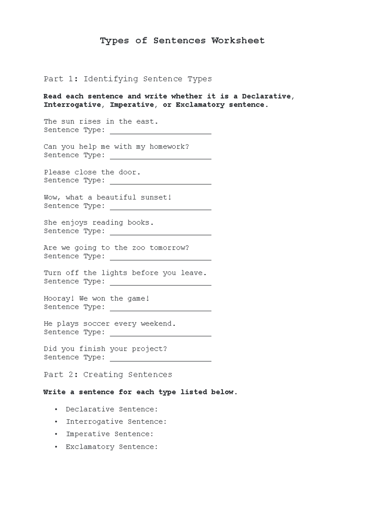 Types of Sentences Worksheet: Identifying & Creating Sentence Types ...