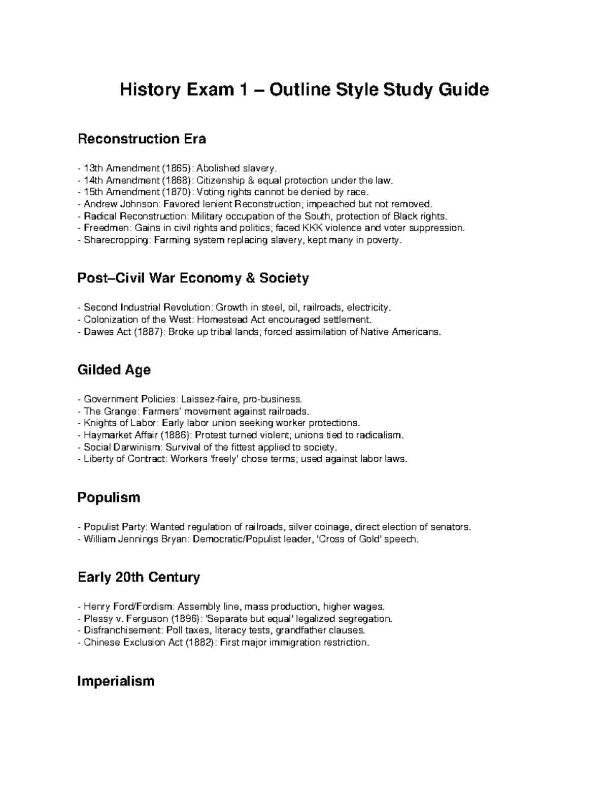 History 101 Final Exam Study Guide: Key Themes from Reconstruction to ...