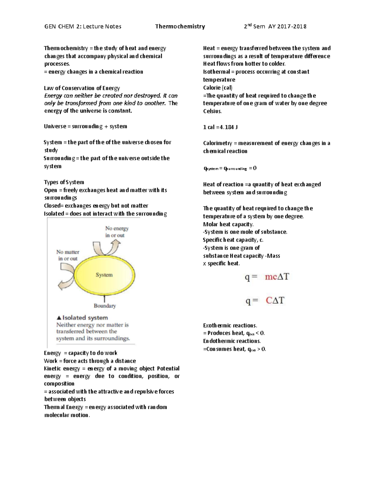 Thermochem reviewer - Lecture notes - Thermochemistry = the study of ...