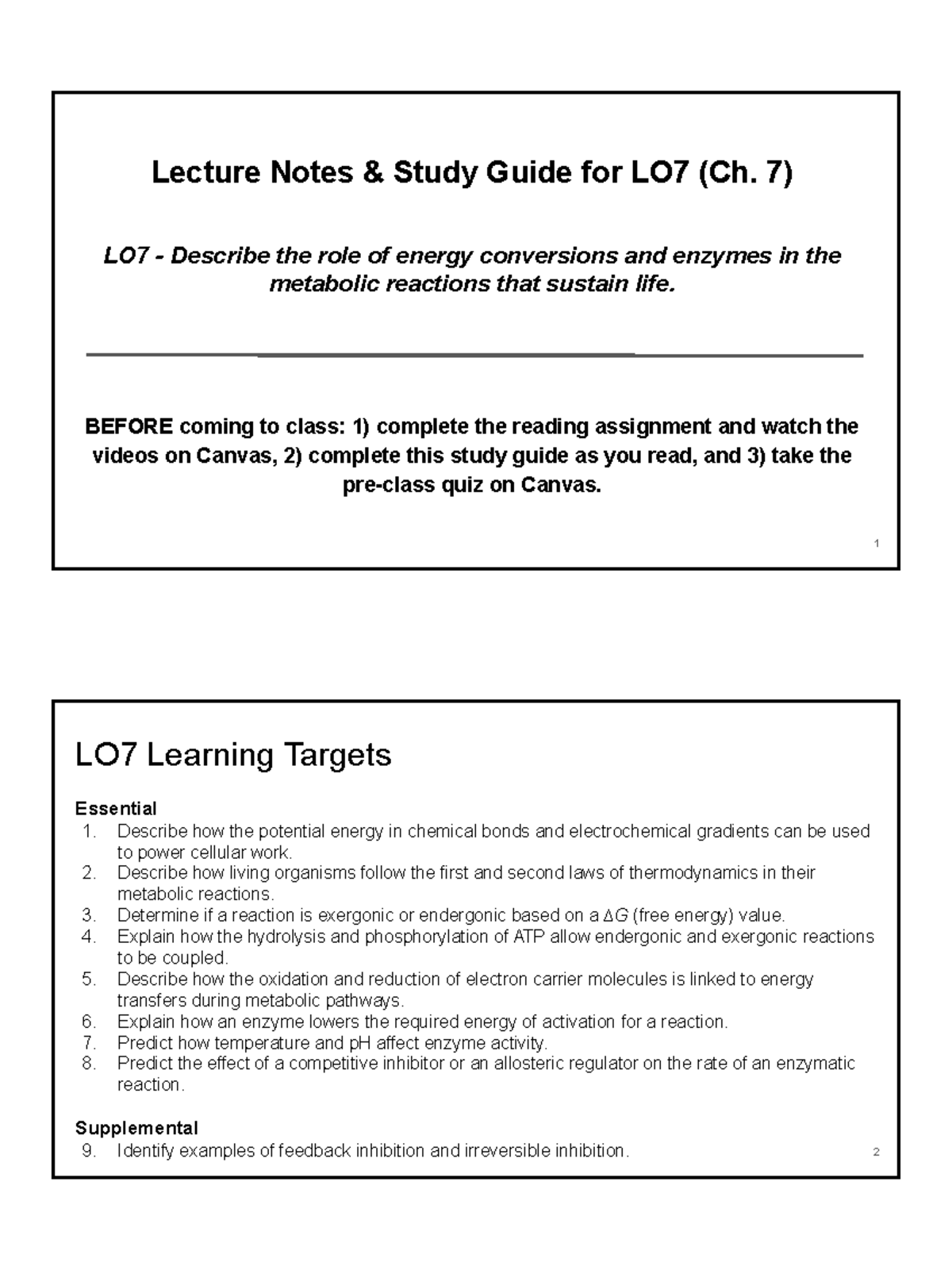 Lecture Notes Study Guide for LO7: Energy Conversions & Enzymes in ...