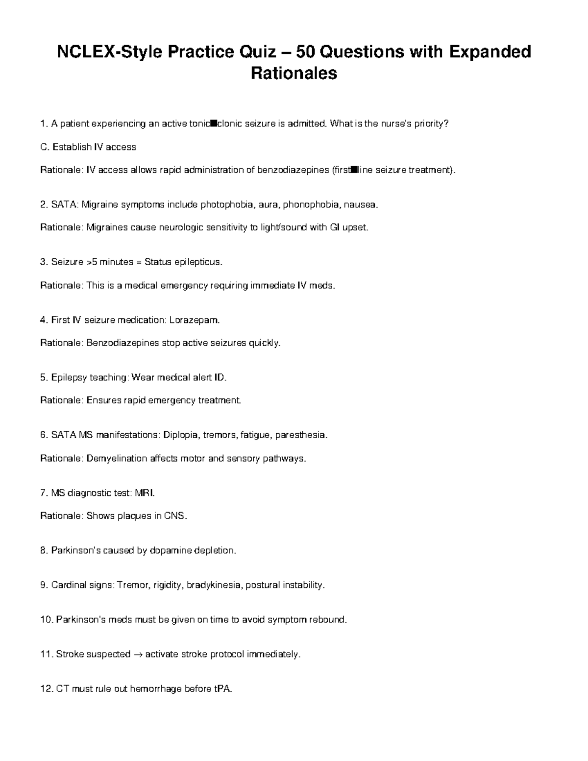 NCLEX Med Surg Practice Quiz: 50 Questions & Rationales - Studocu
