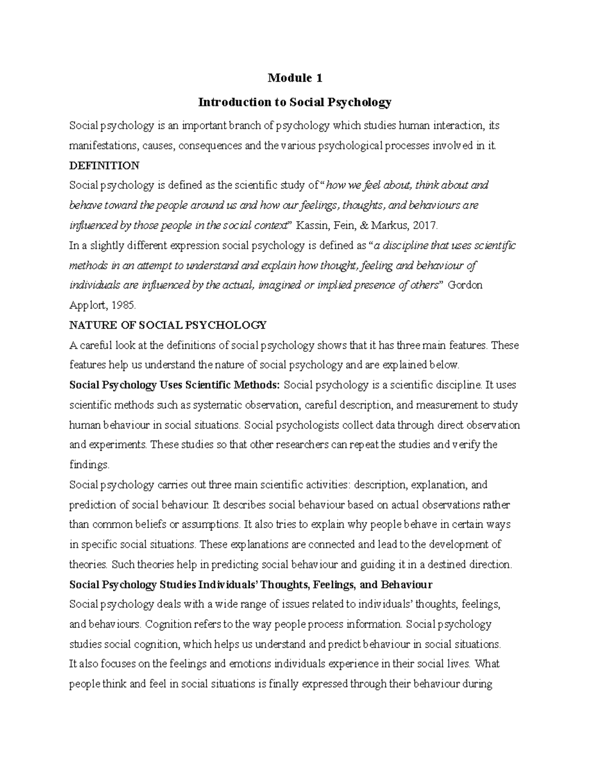Module 1: Overview of Social Psychology Concepts and Origins - Studocu