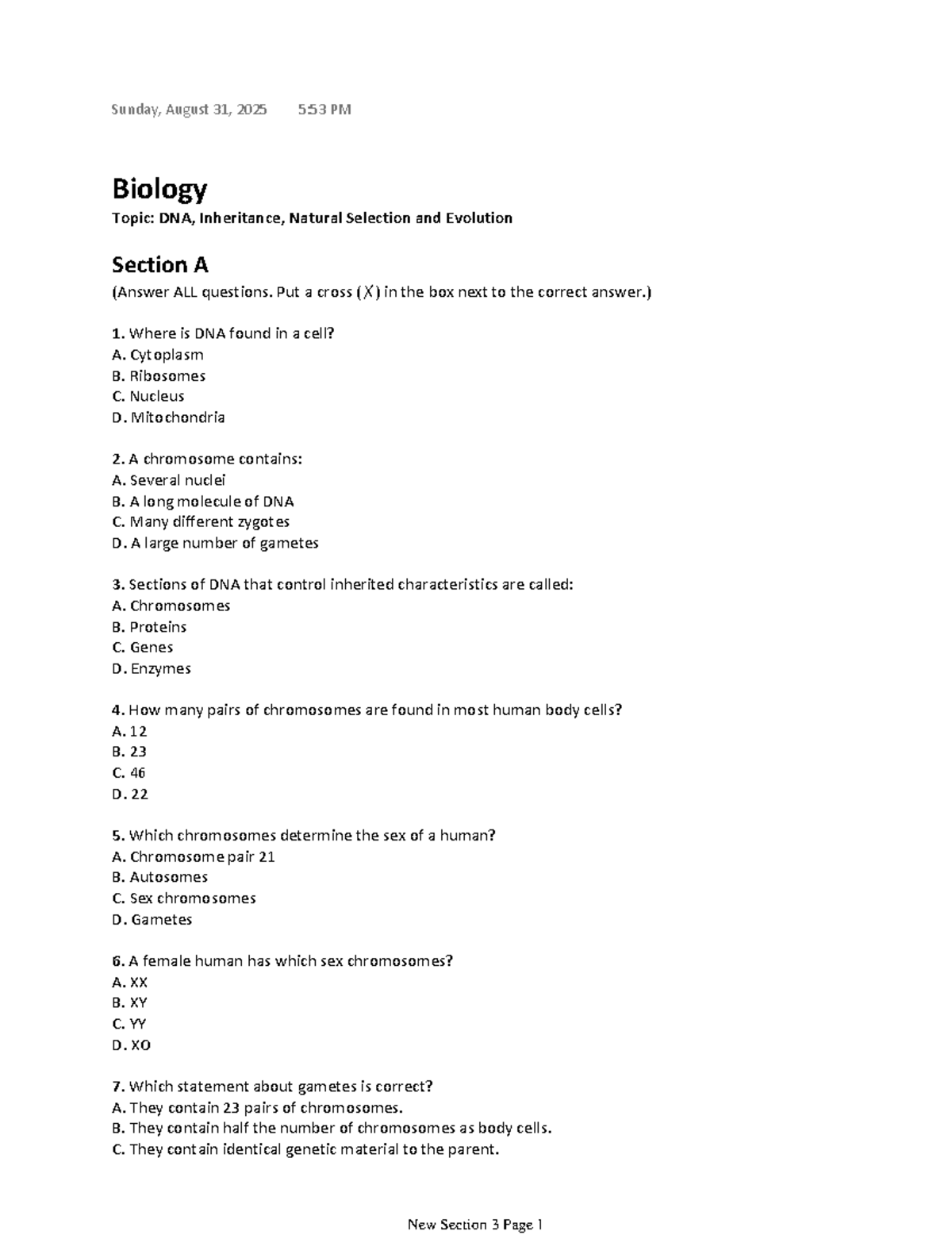 Biology 101: DNA, Inheritance, Natural Selection & Evolution Quiz - Studocu