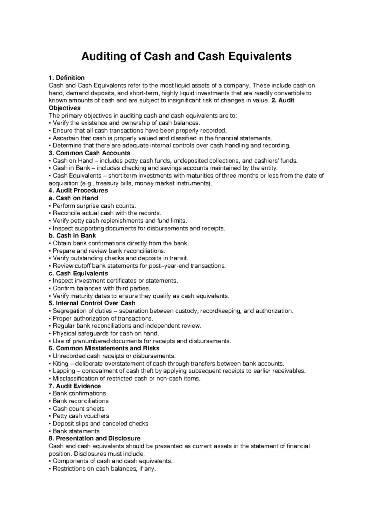 Auditing Cash & Cash Equivalents: Objectives, Procedures & Controls ...