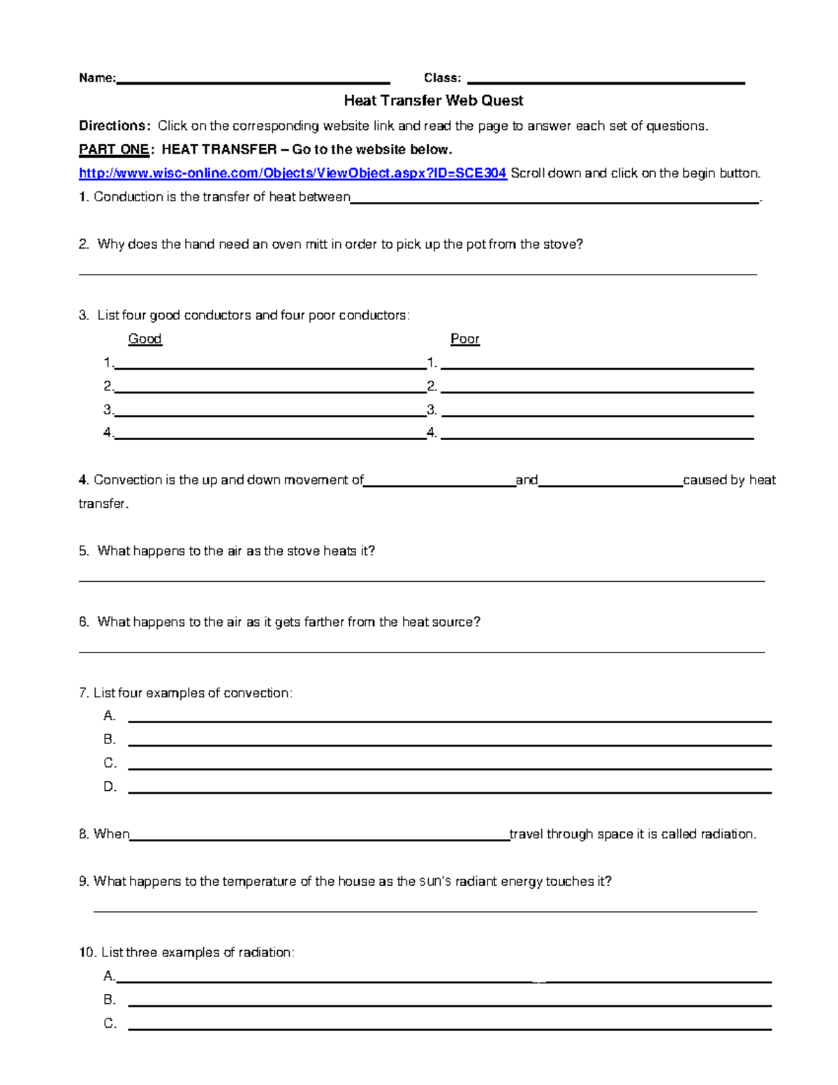 Heat Transfer Webquest for Physics 101: Conduction, Convection ...