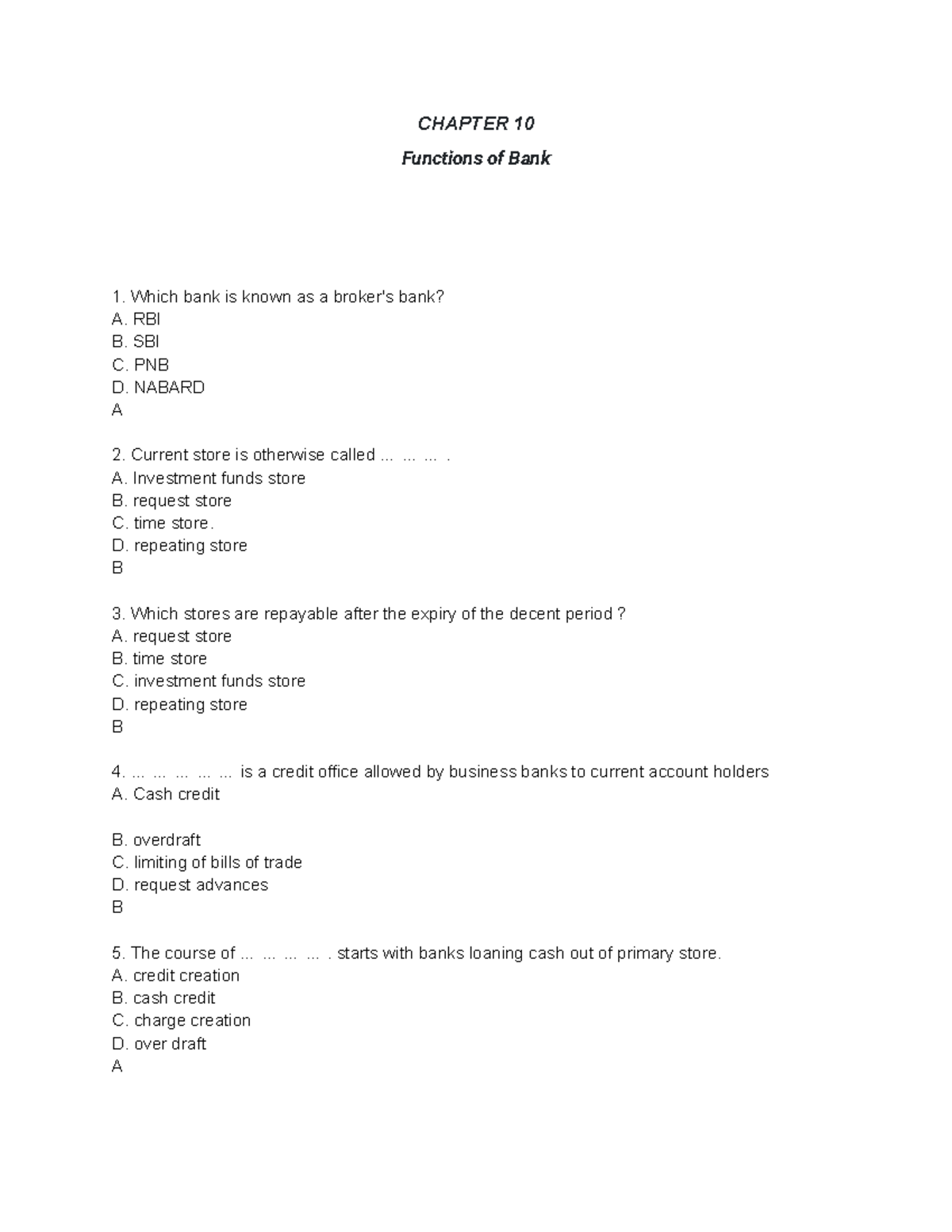 CHAPTER 10: Functions of Banks - Key Concepts and Quiz - Studocu