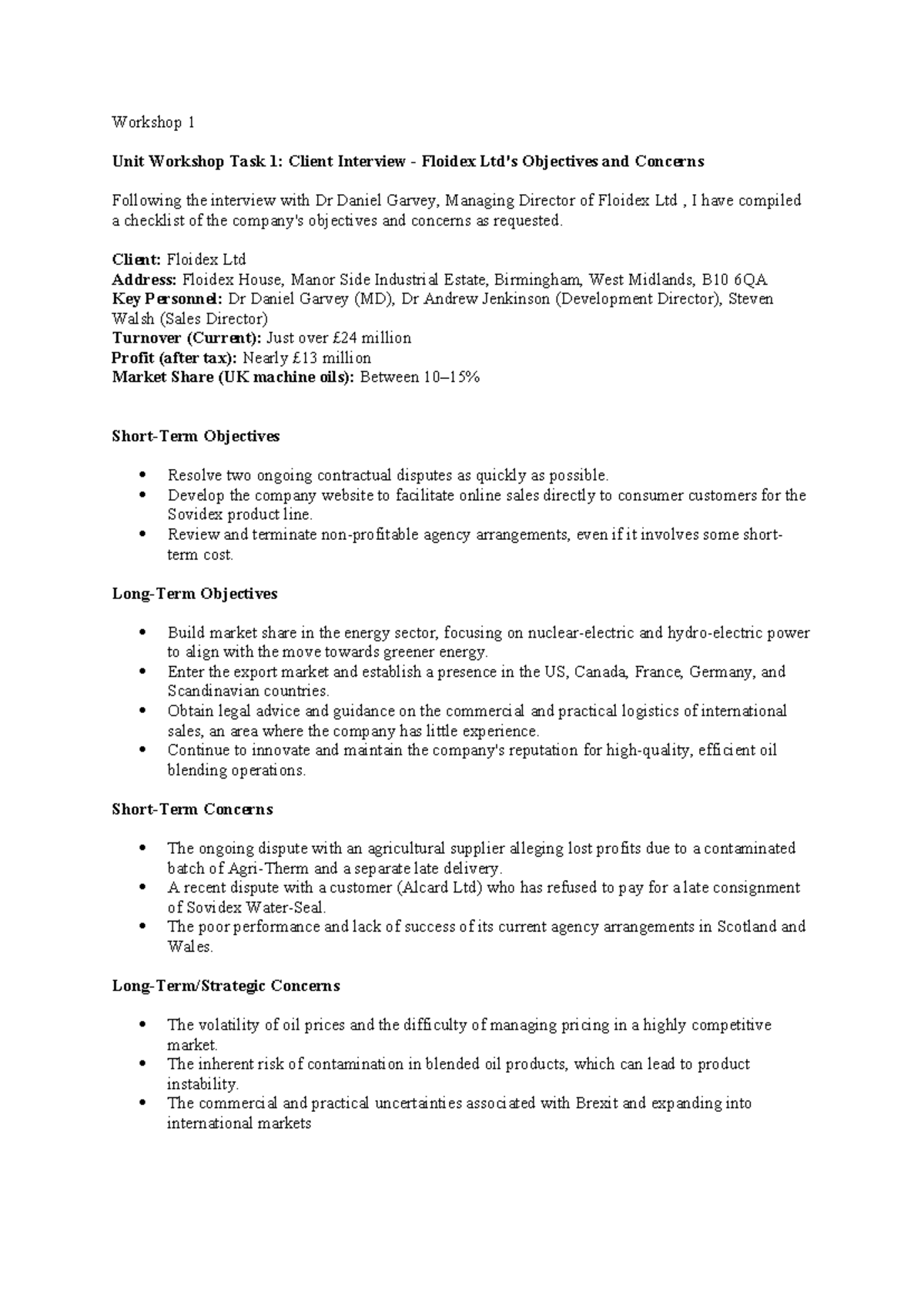 Workshop 1: Client Interview Checklist for Floidex Ltd - Objectives ...